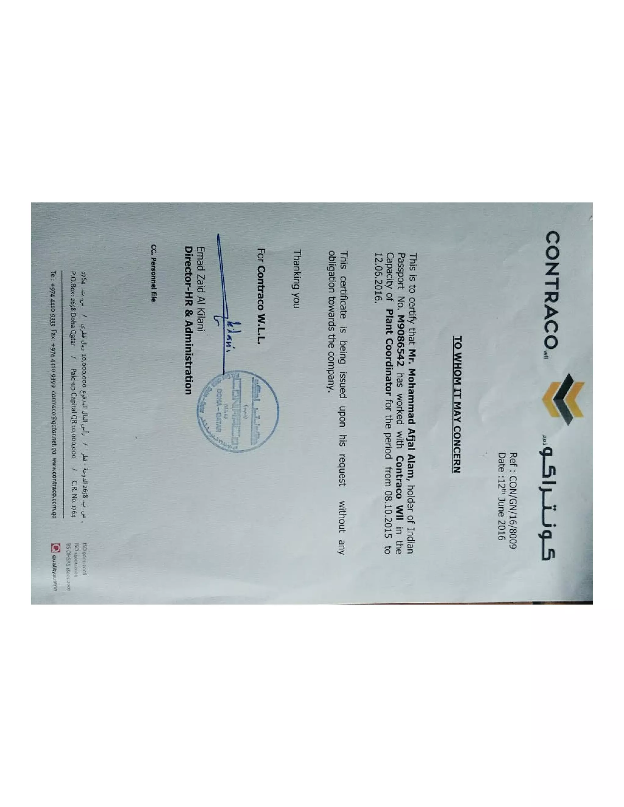 CONTRACO EXPERIENCE CERTIFICATE | PDF