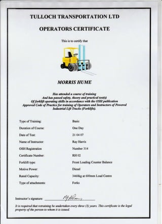 Tulloch Transportation Operators Certificate 21 April 2007 | PDF