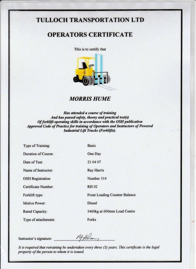 Tulloch Transportation Operators Certificate 21 April 2007