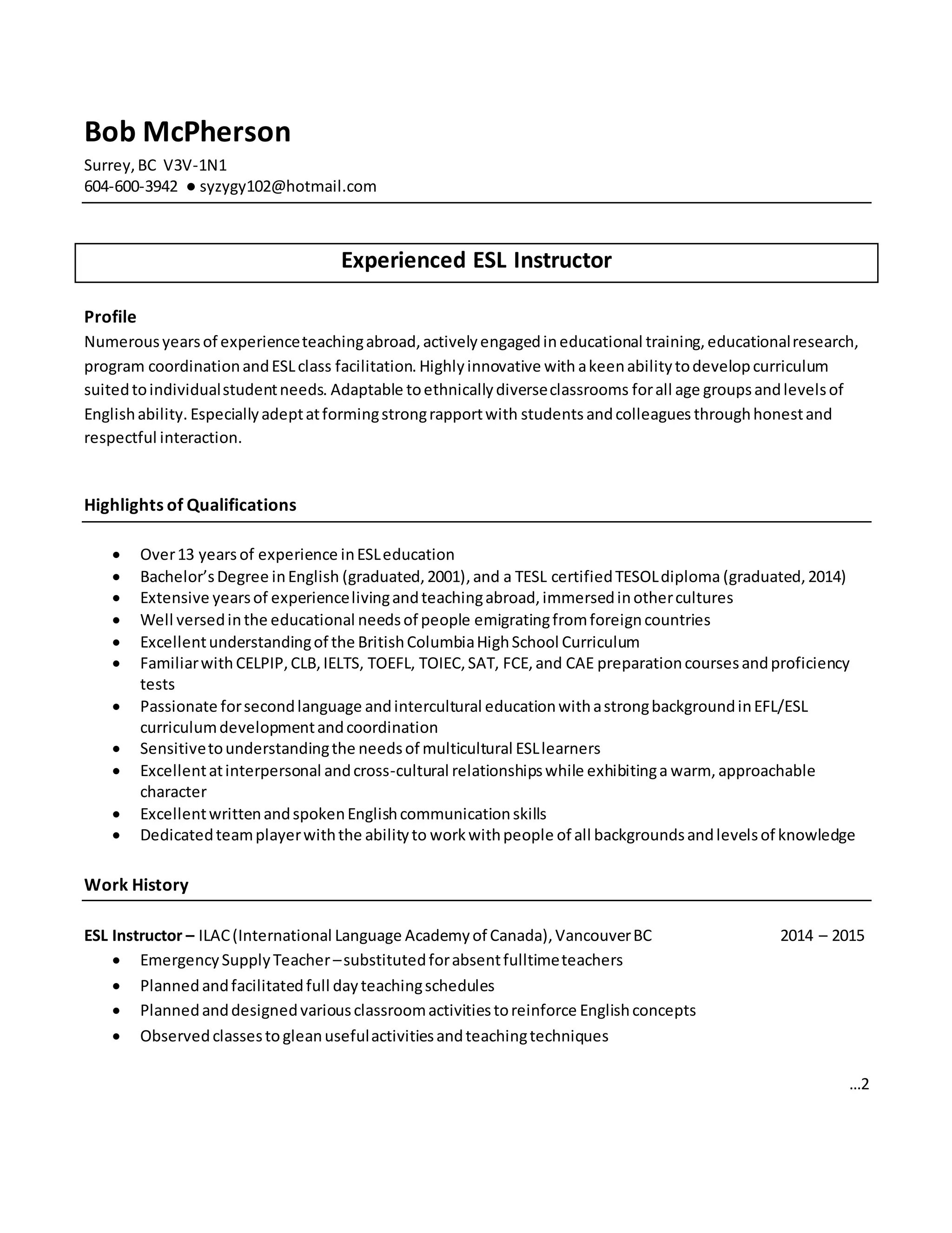 Bob McPherson - updated resume, Dec. 17th | PDF