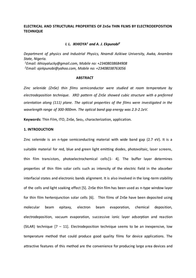 ZnSe Thin Film Properties by Electrodeposition | PDF