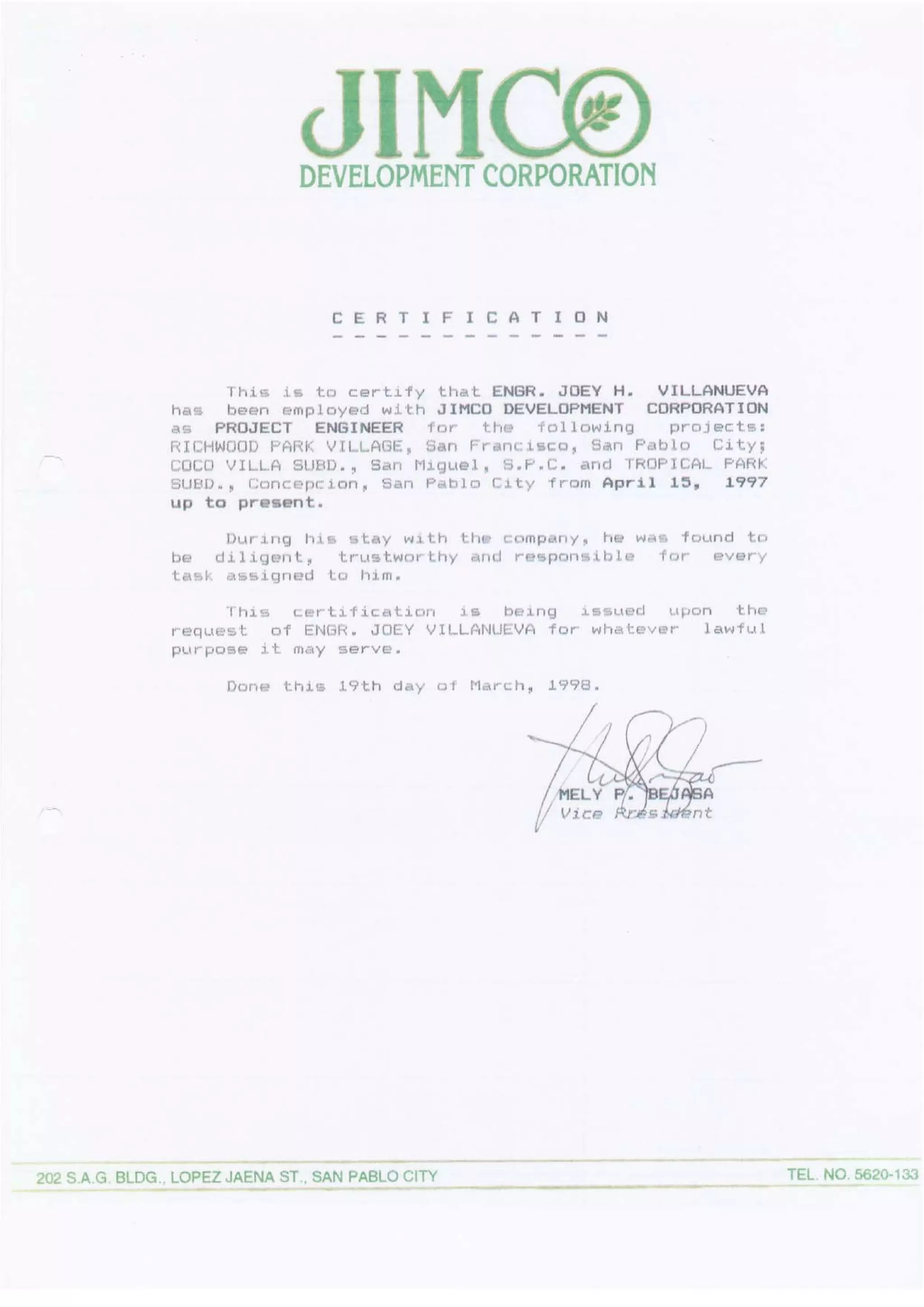 JIMCO DEVELOPMENT CORPORATION CERTIFICATE | PDF