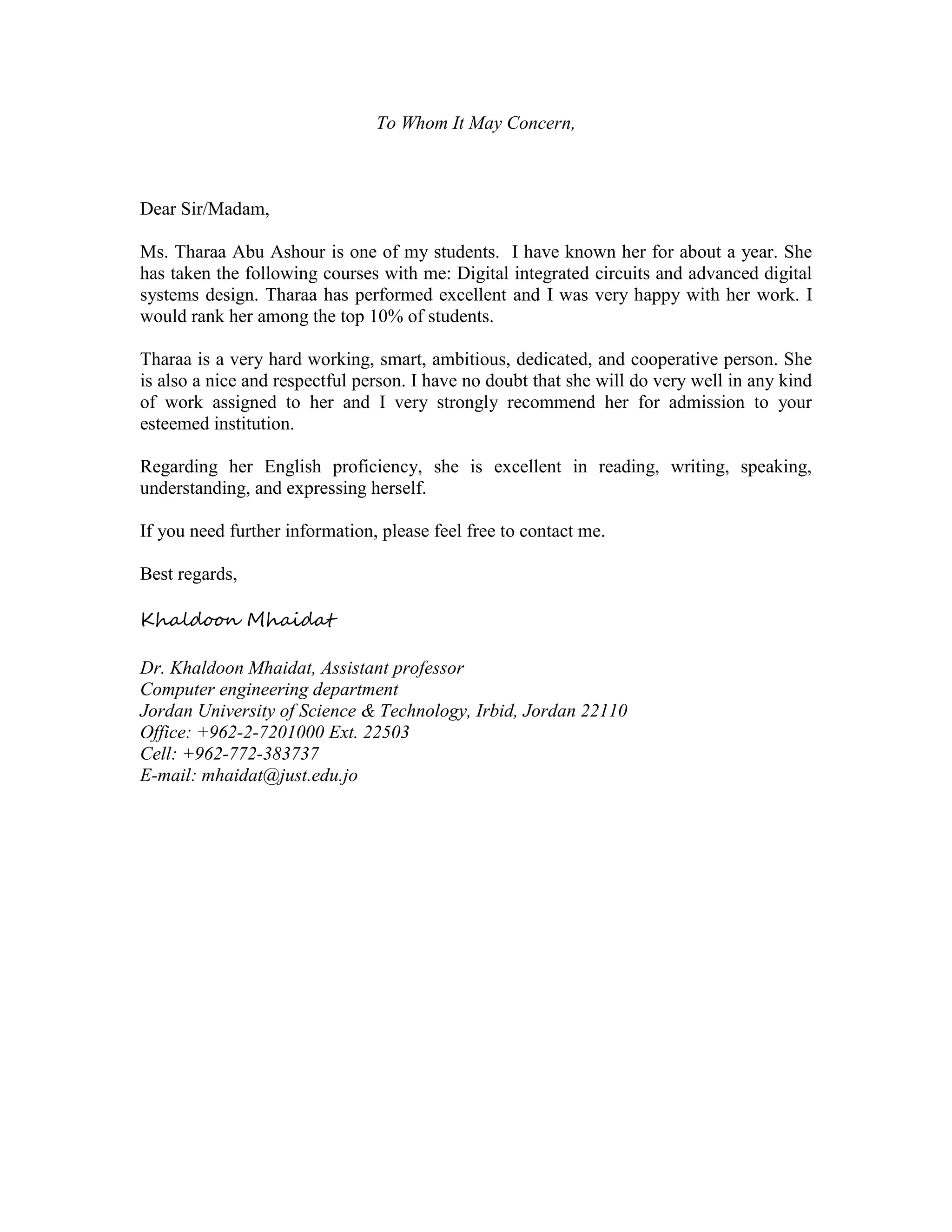 Recom Letter for Tharaa Abu Ashour | PDF