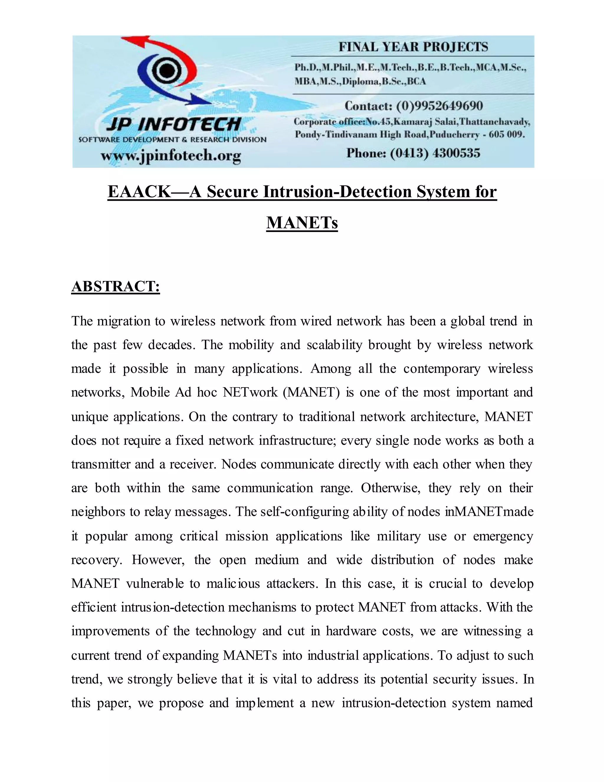Eaack—a secure intrusion detection system for manets ns2 | DOCX