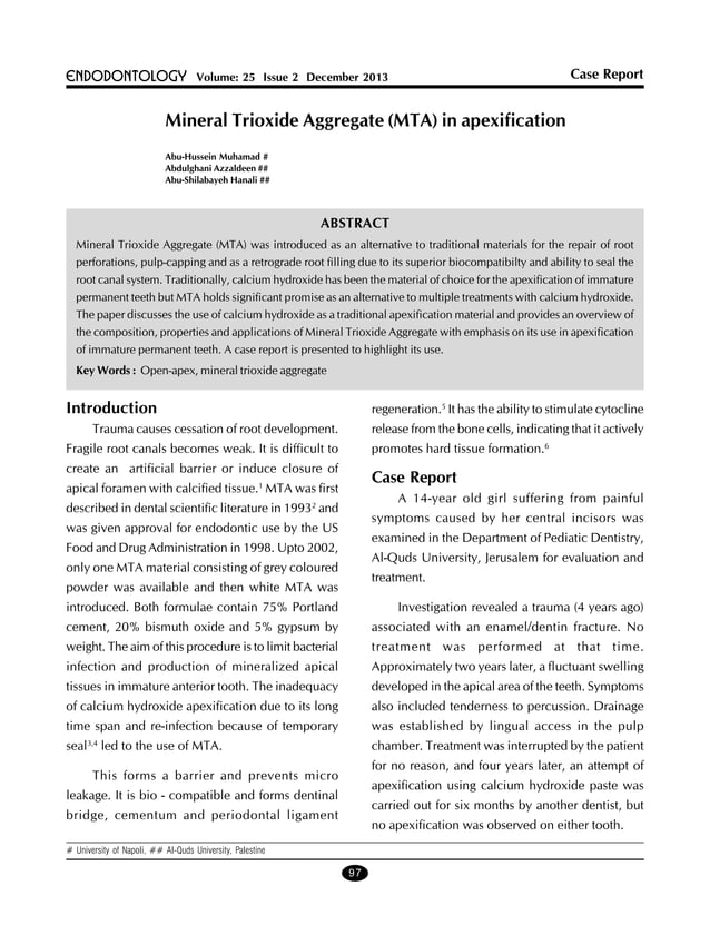 Mineral Trioxide Aggregate (MTA) in apexification | PDF