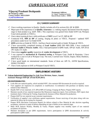 Curriculum Vitae for Quality Engineer with 15 Years Experience | PDF