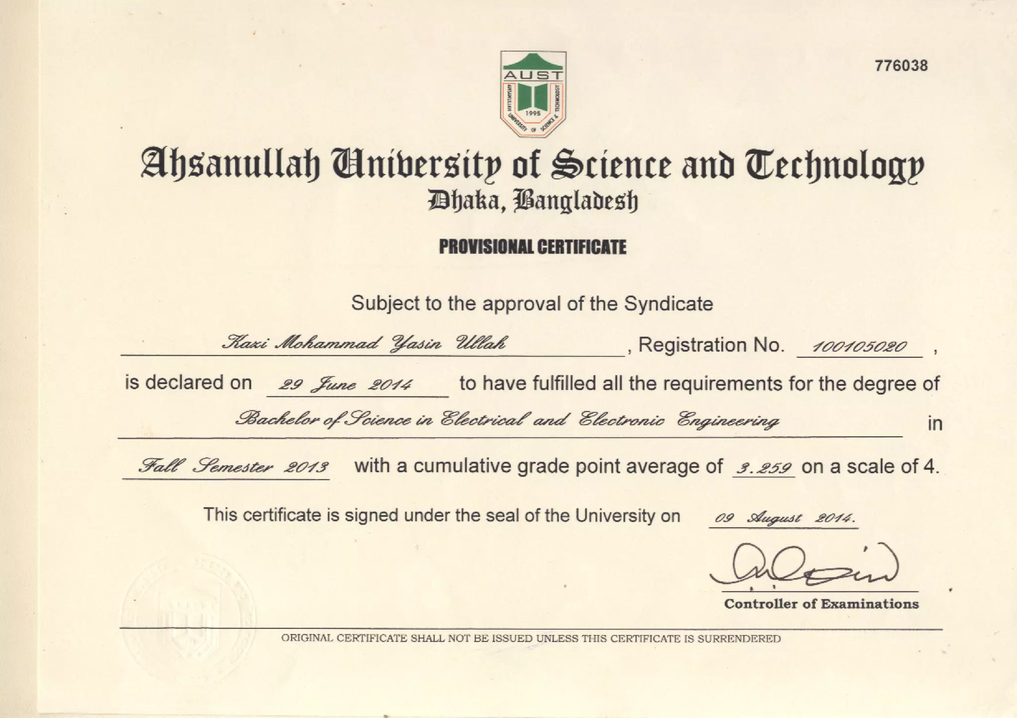 Provisional Certificate_B Sc | PDF