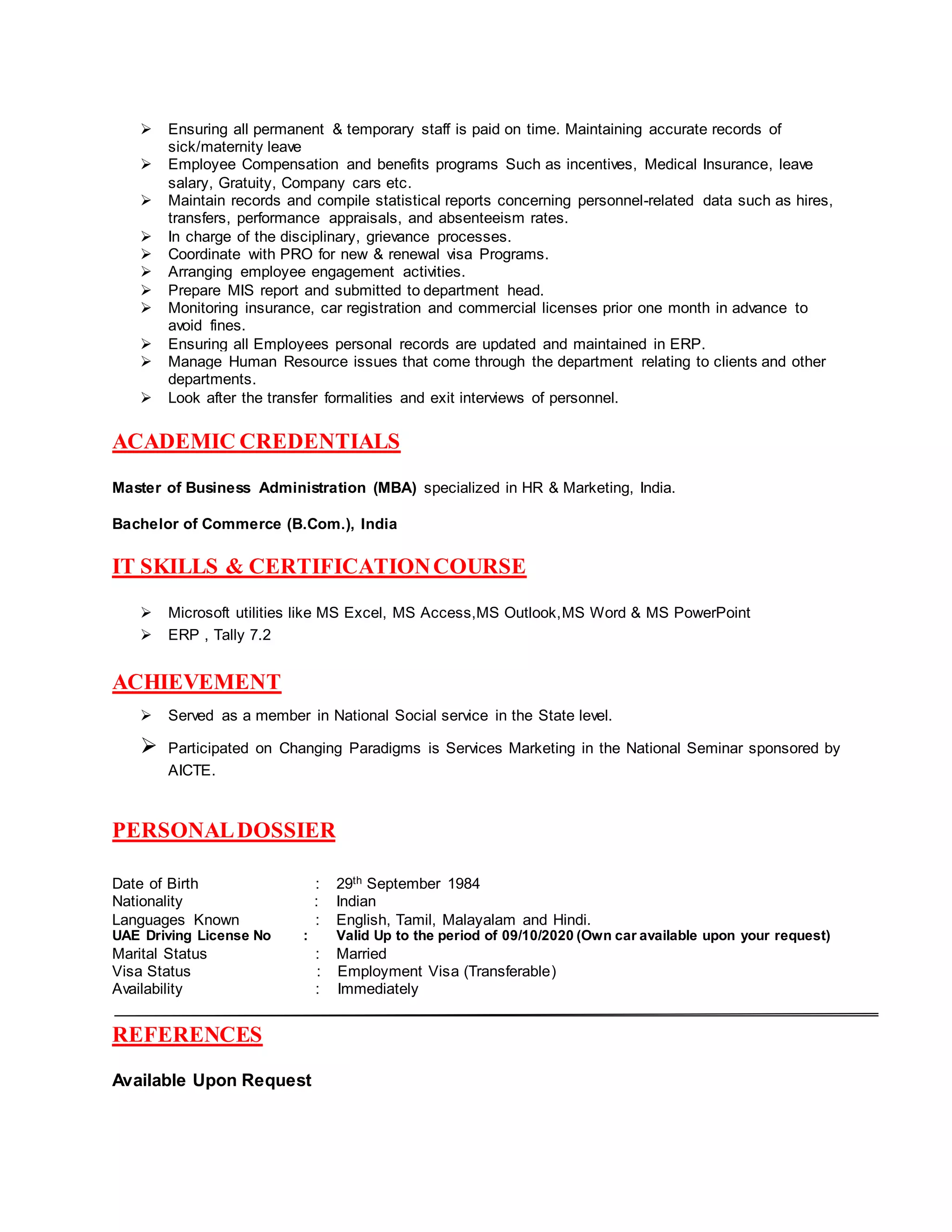 Senior HR Executive with UAE Driving license | DOCX