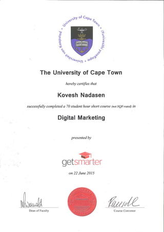 Kovesh Nadasen Digital Marketing Short Course Certificate | PDF