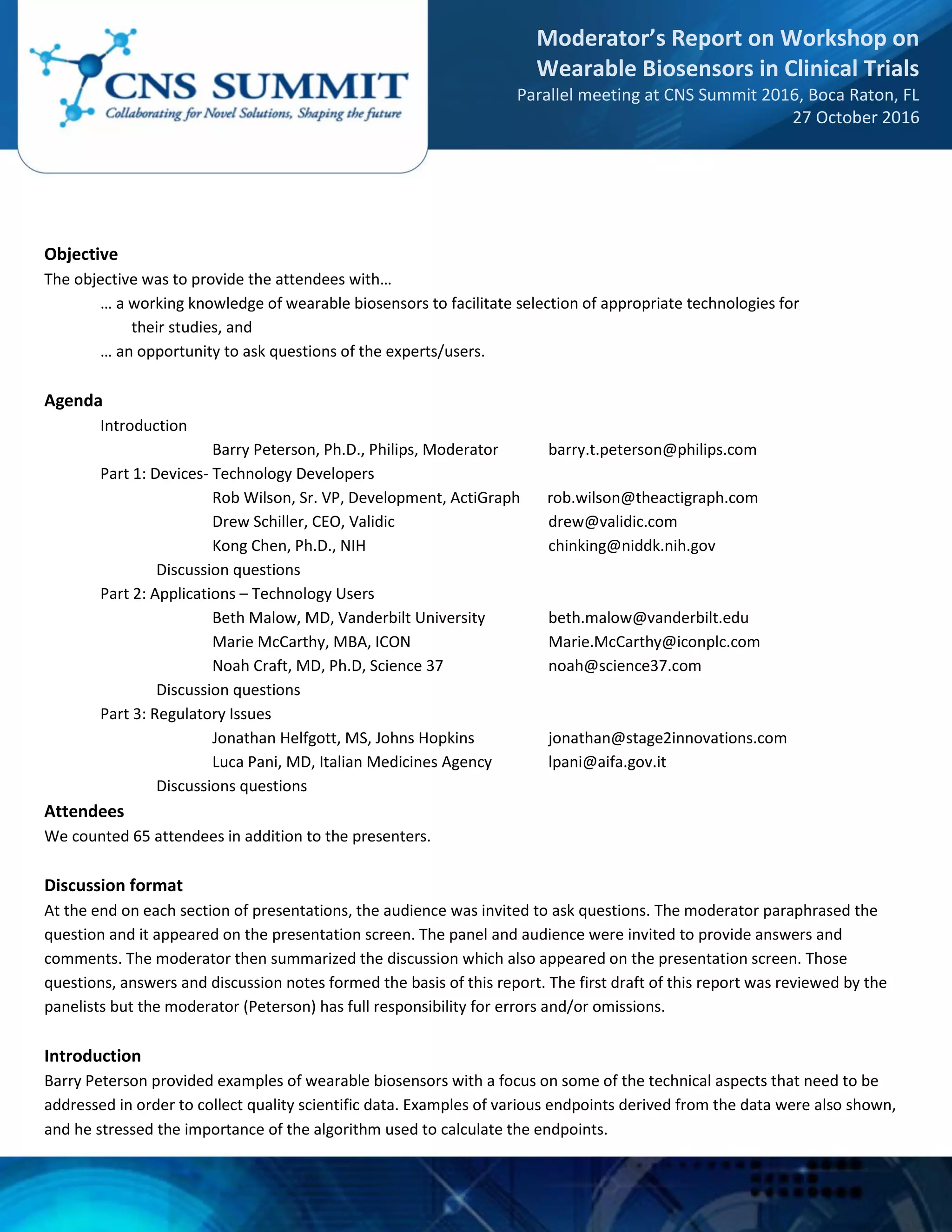 Moderator’s Report on Workshop on Wearable Biosensors in Clinical ...