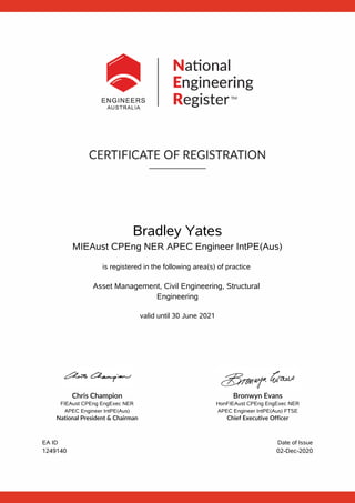 Engineers Australia, MIEAust CPEng NER APEC Engineer IntPE(Aus), Certificate of Registration ...