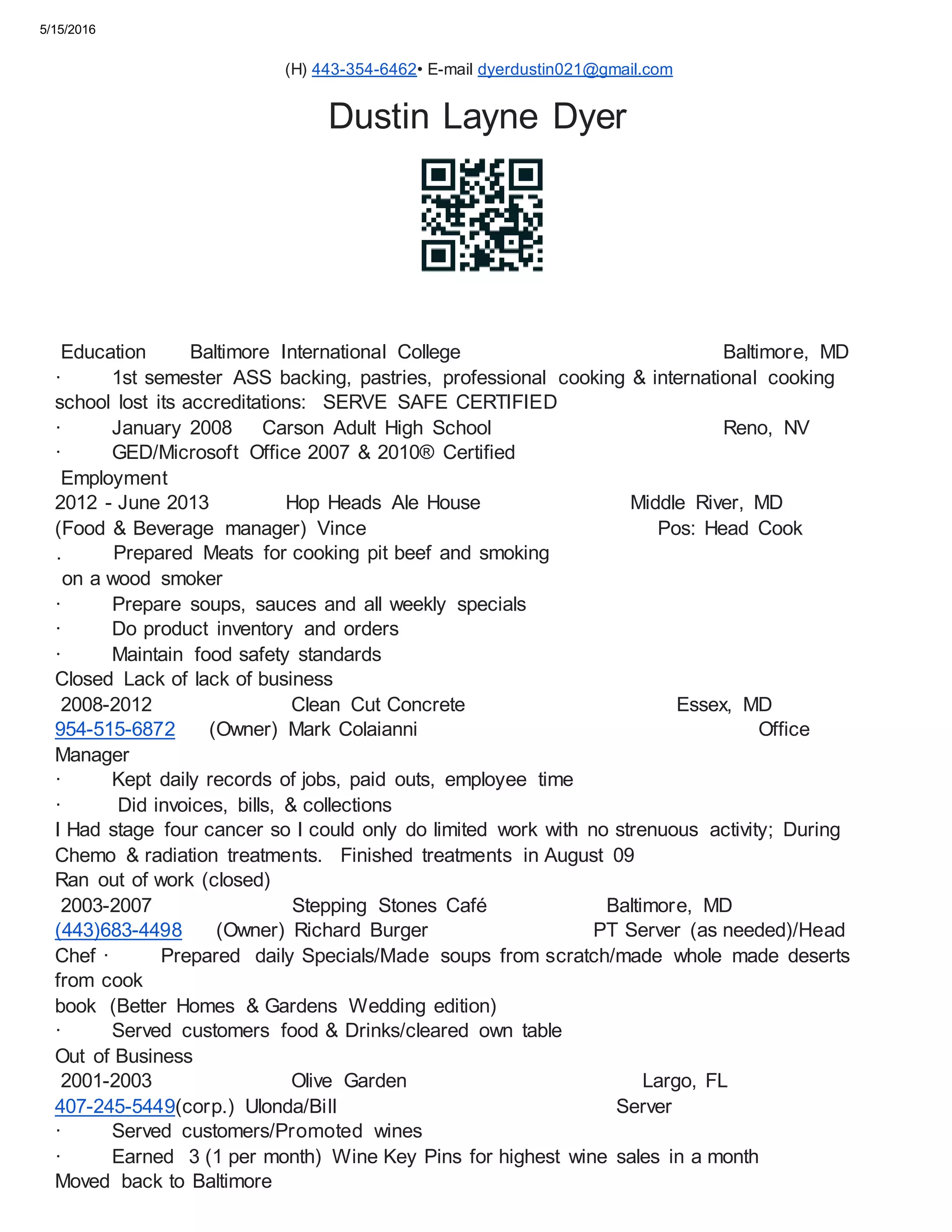 resume | DOCX | Dining Out | Food & Drink