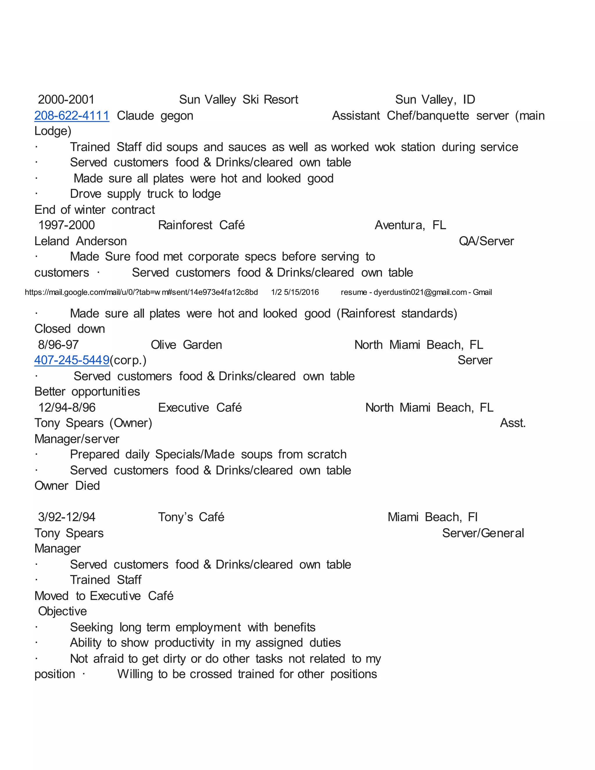 resume | DOCX | Dining Out | Food & Drink