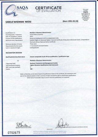 SAQA Sabelo W Nkosi | PDF