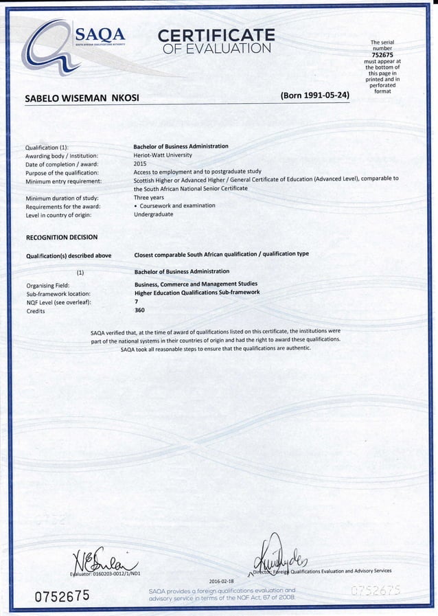 SAQA Sabelo W Nkosi | PDF
