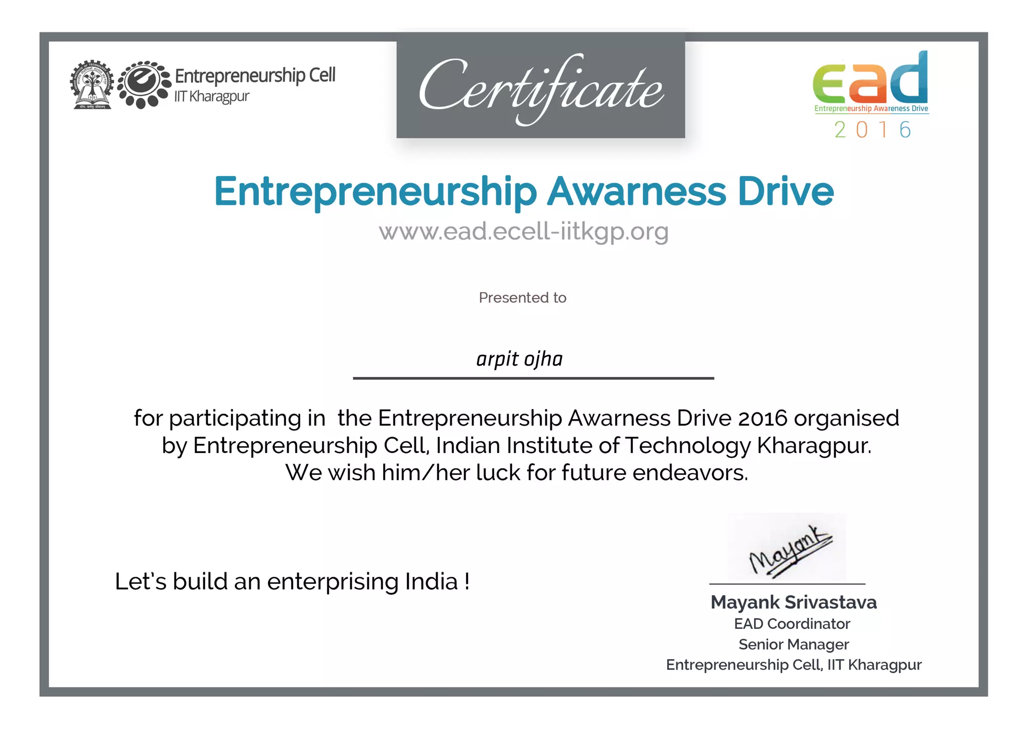 Entrepreneurship Awareness Drive certificate | PPT