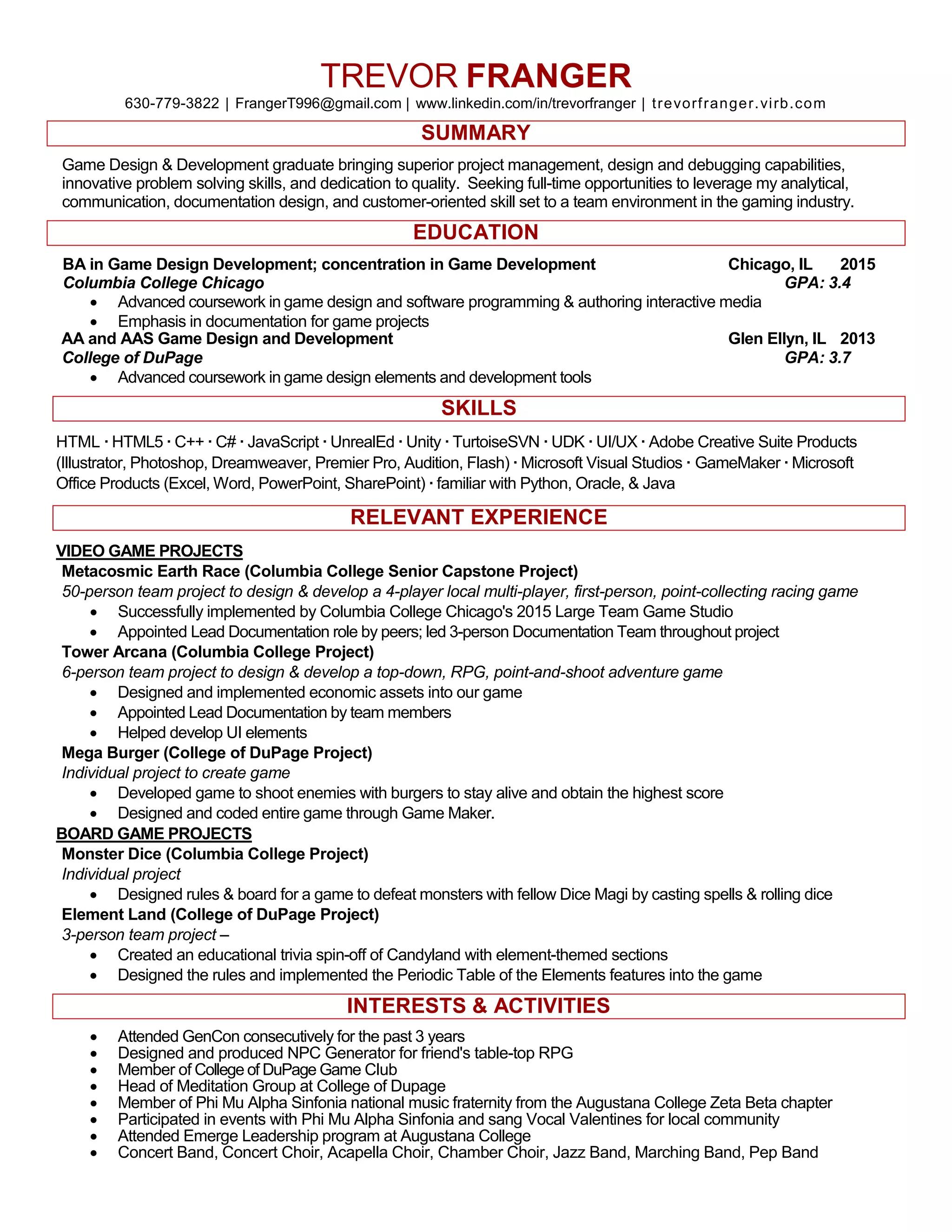 Trevor Franger Resume - Updated(2016) | PDF