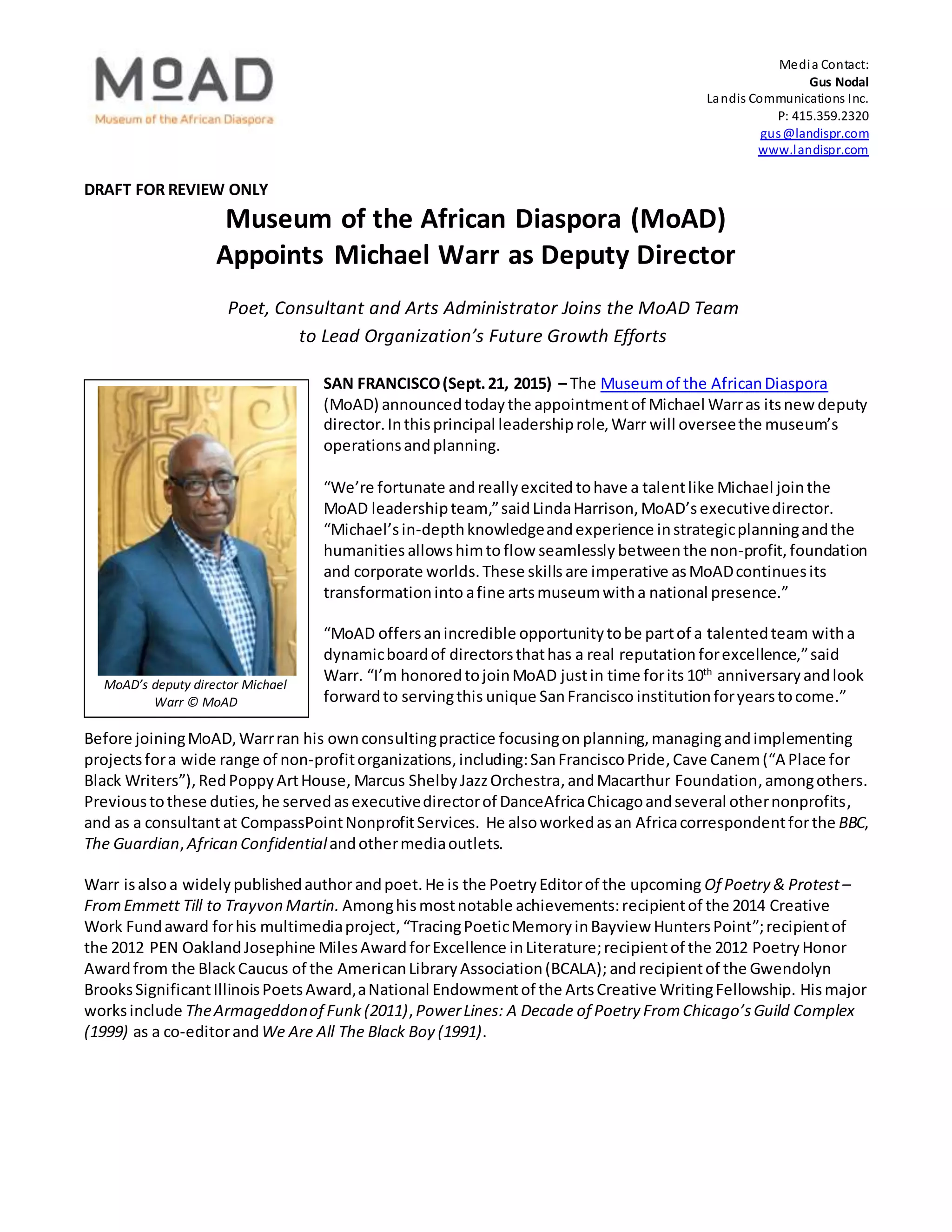 Michael Warr Appointed Deputy Director at MoAD | PDF