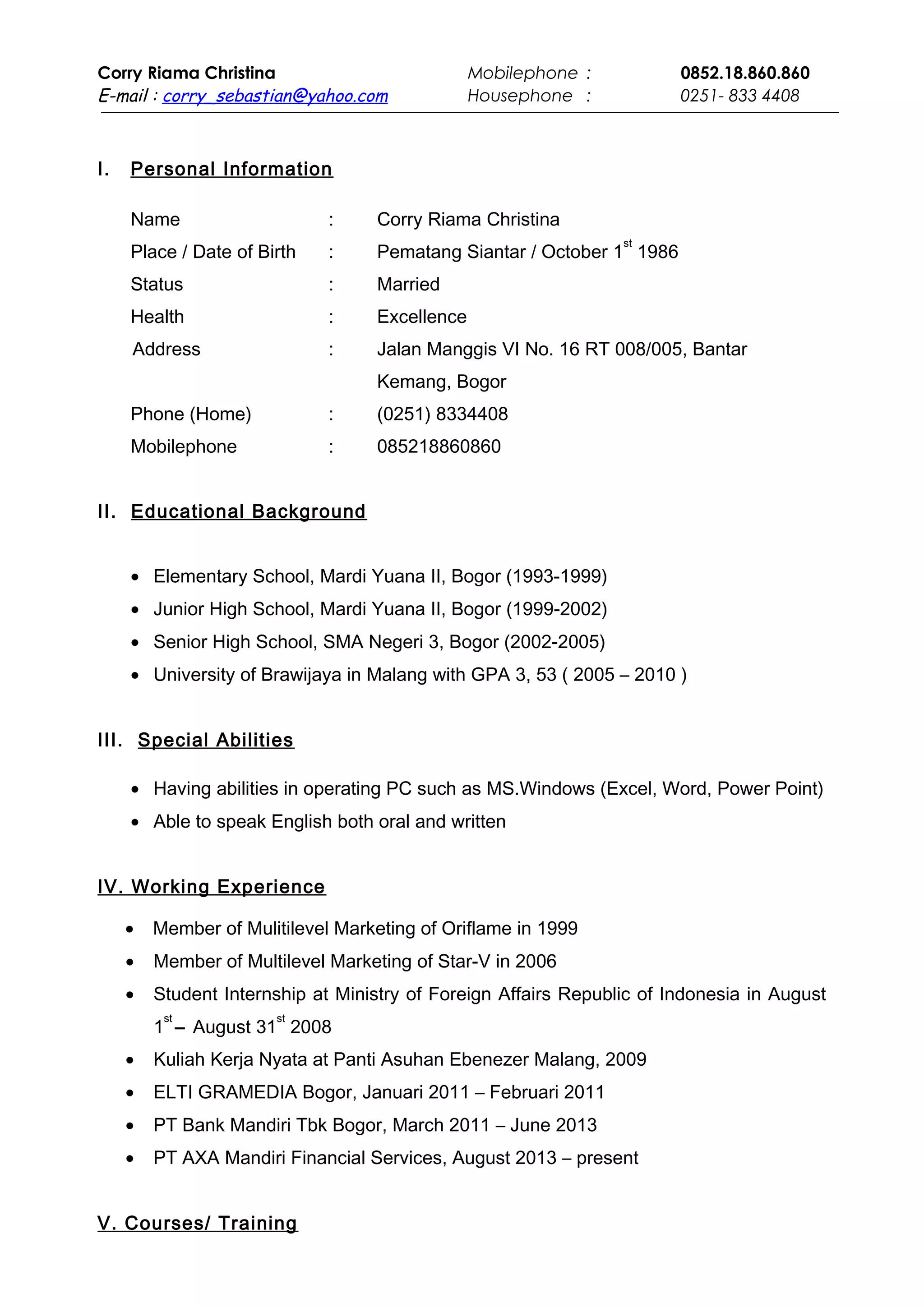 CV Corry Riama Christina-1 | DOC | Careers