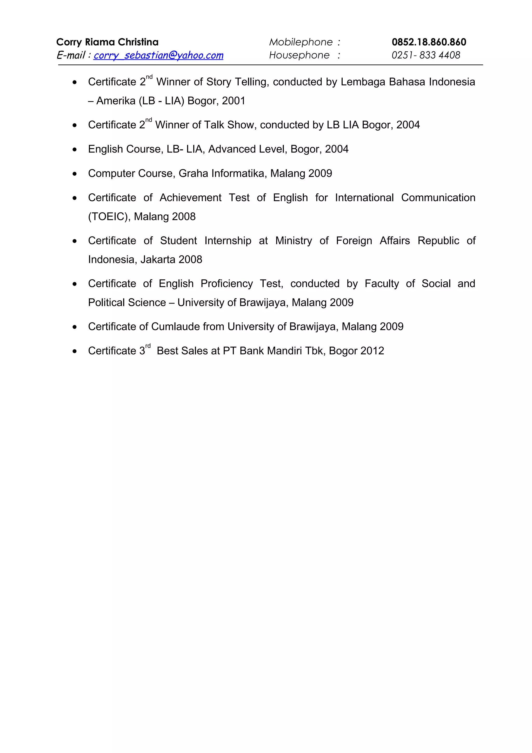 CV Corry Riama Christina-1 | DOC | Careers