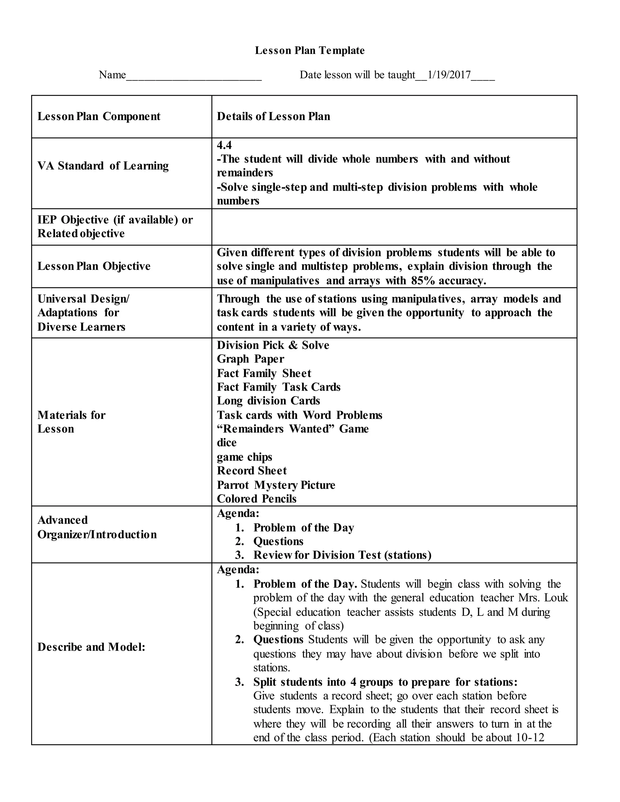 Division Lesson-4th grade | DOCX