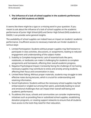 The Influence of a lack of school supplies in the academic performance ...