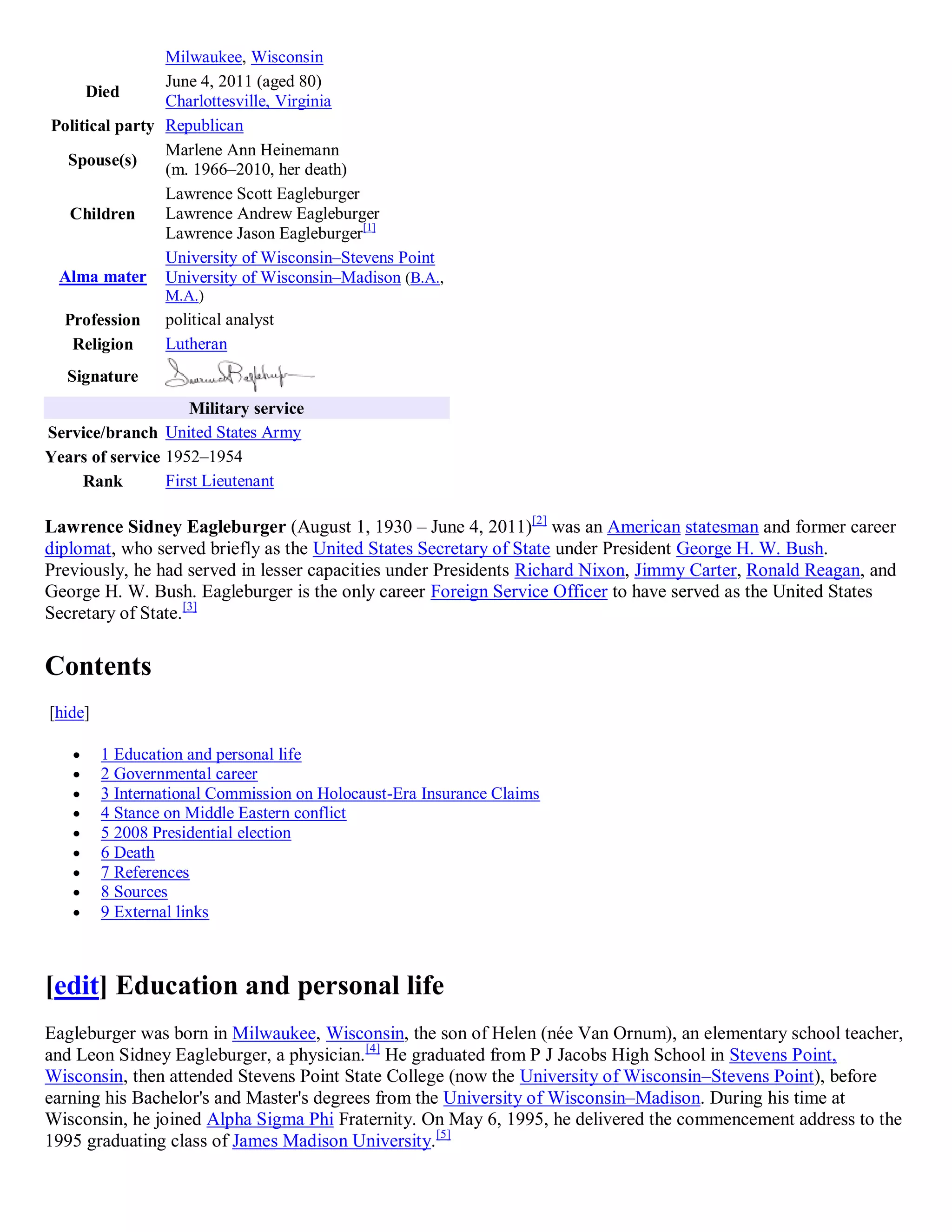 LAWRENCE EAGLEBURGER (Wikipedia Information) | PDF