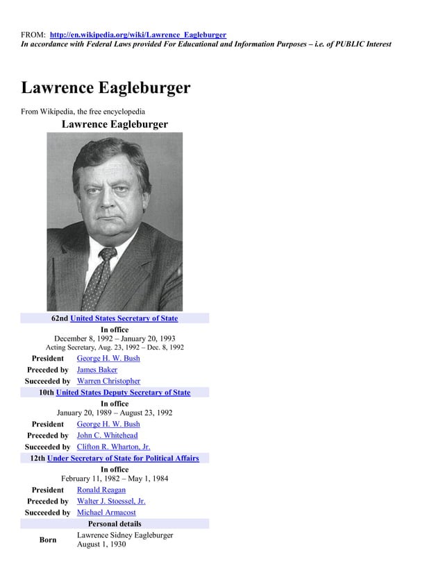 LAWRENCE EAGLEBURGER (Wikipedia Information) | PDF