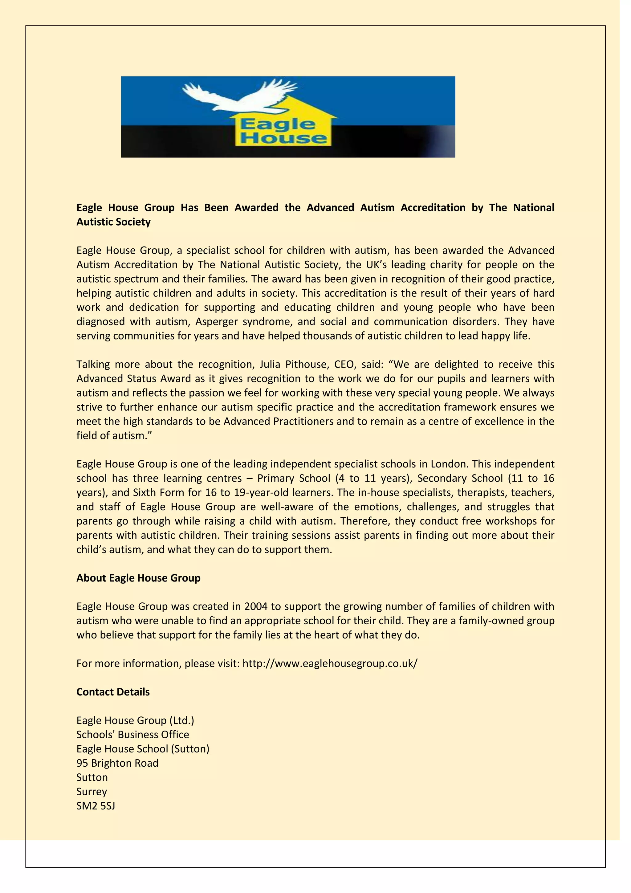 Eagle house group has been awarded the advanced autism accreditation by ...