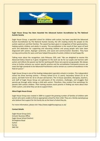 Eagle house group has been awarded the advanced autism accreditation by ...