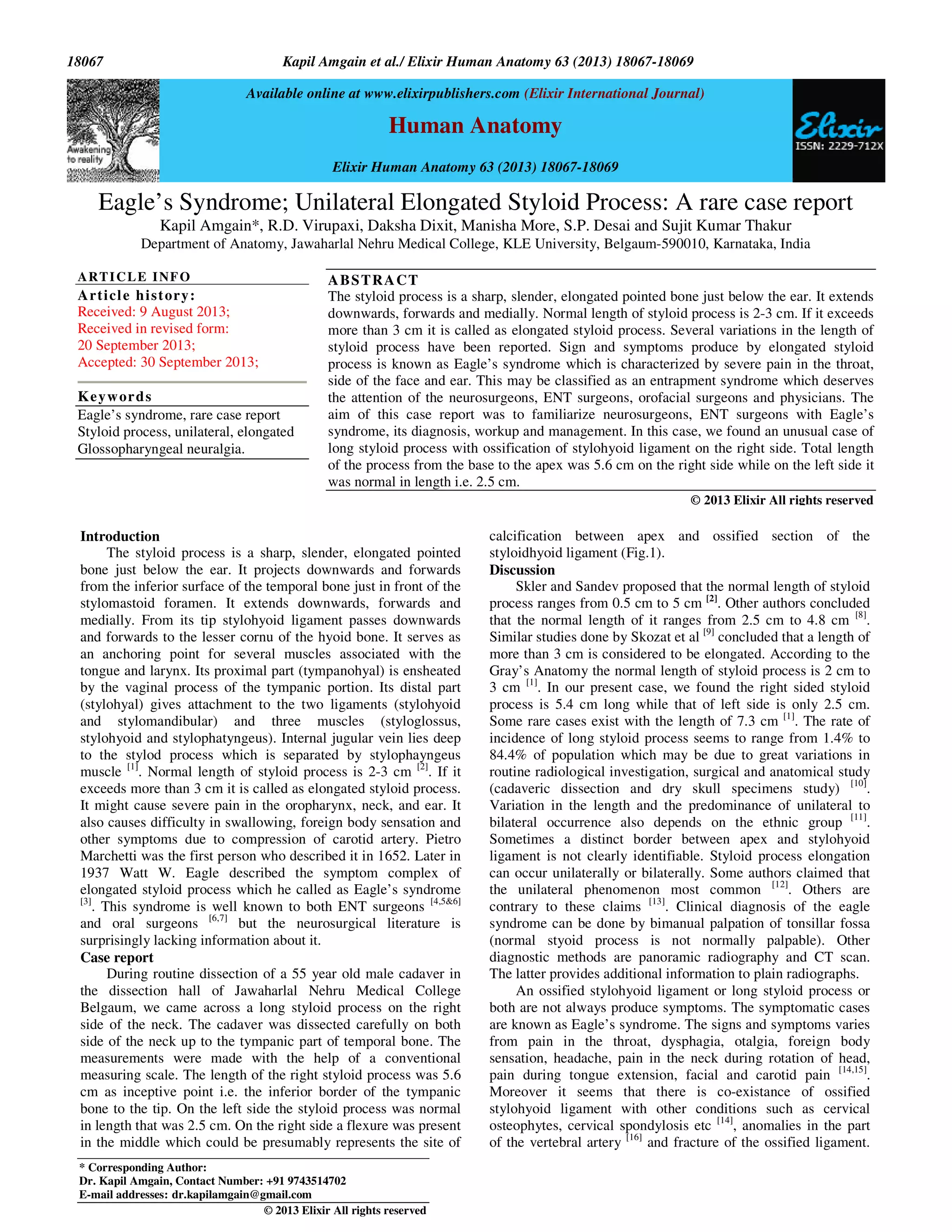 Eagle’s Syndrome; Unilateral Elongated Styloid Process: A rare case ...