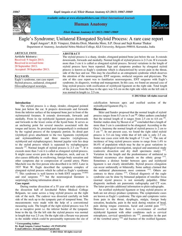 Eagle’s Syndrome; Unilateral Elongated Styloid Process: A rare case ...