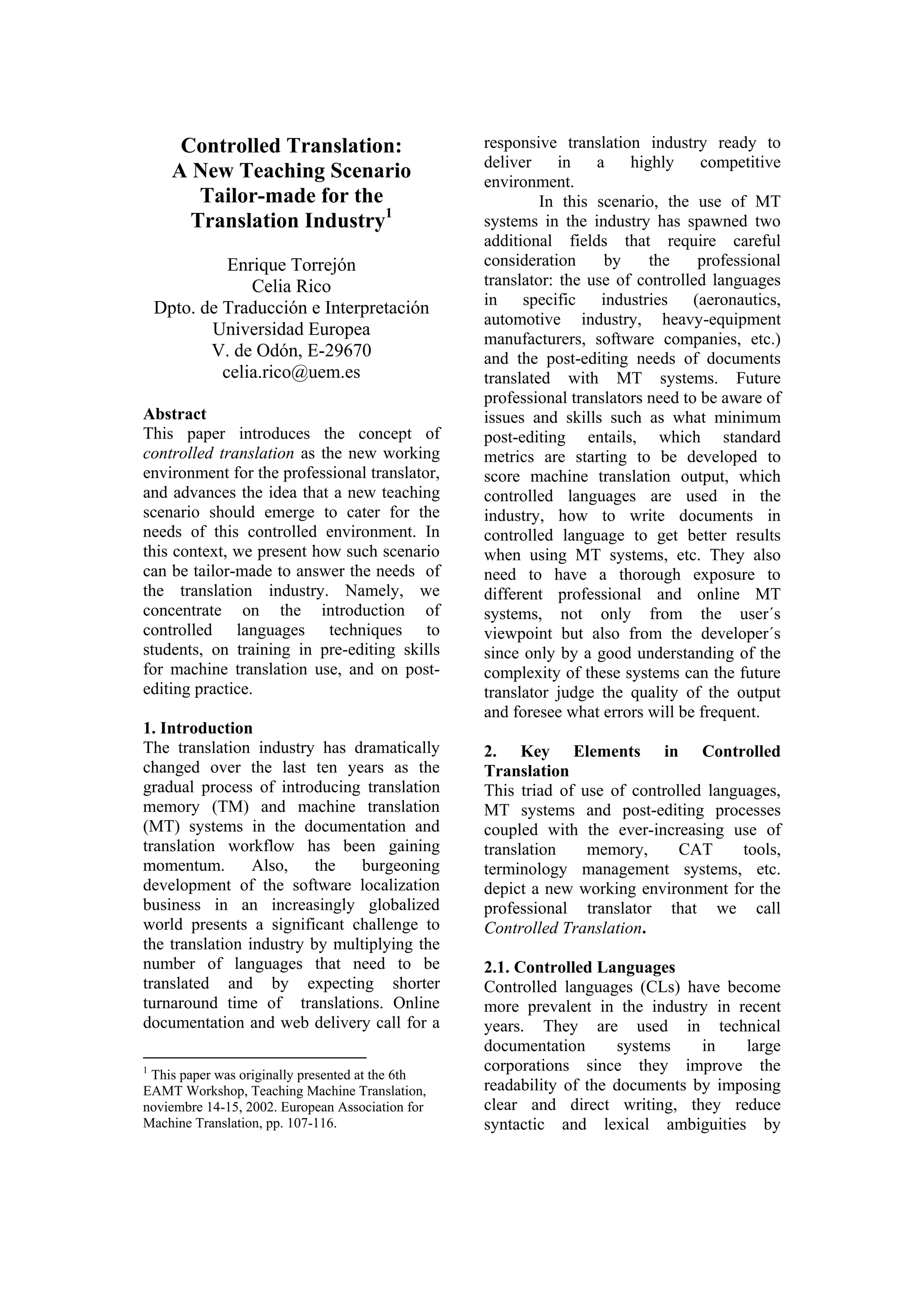 «Controlled Translation: A new teaching scenario tailor-made for the translation industry» | PDF