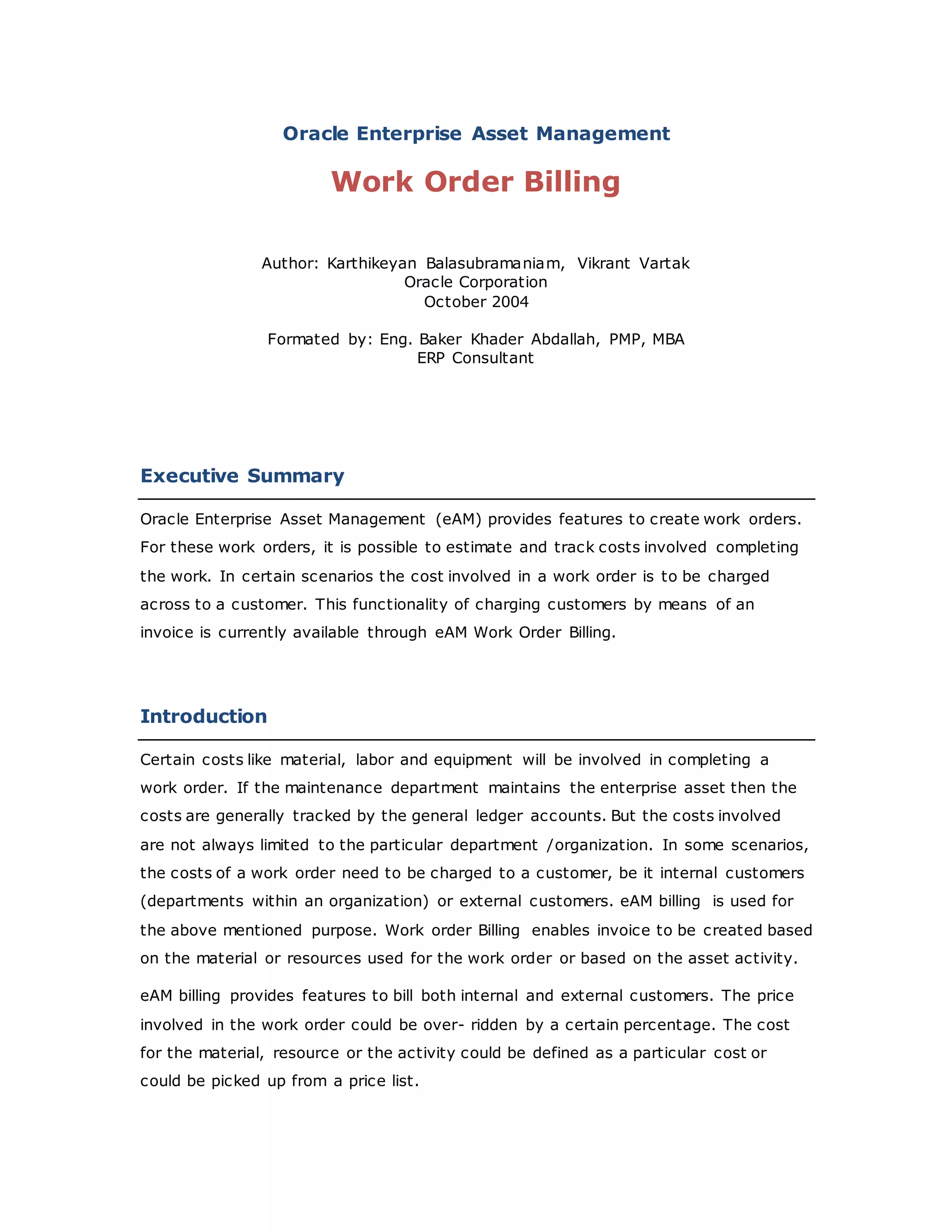 Eam Work Order Billing | DOCX