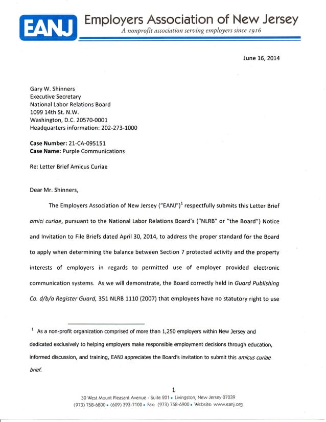 EANJ Letter Brief to NLRB RE: Purple Communications | PDF | Email ...