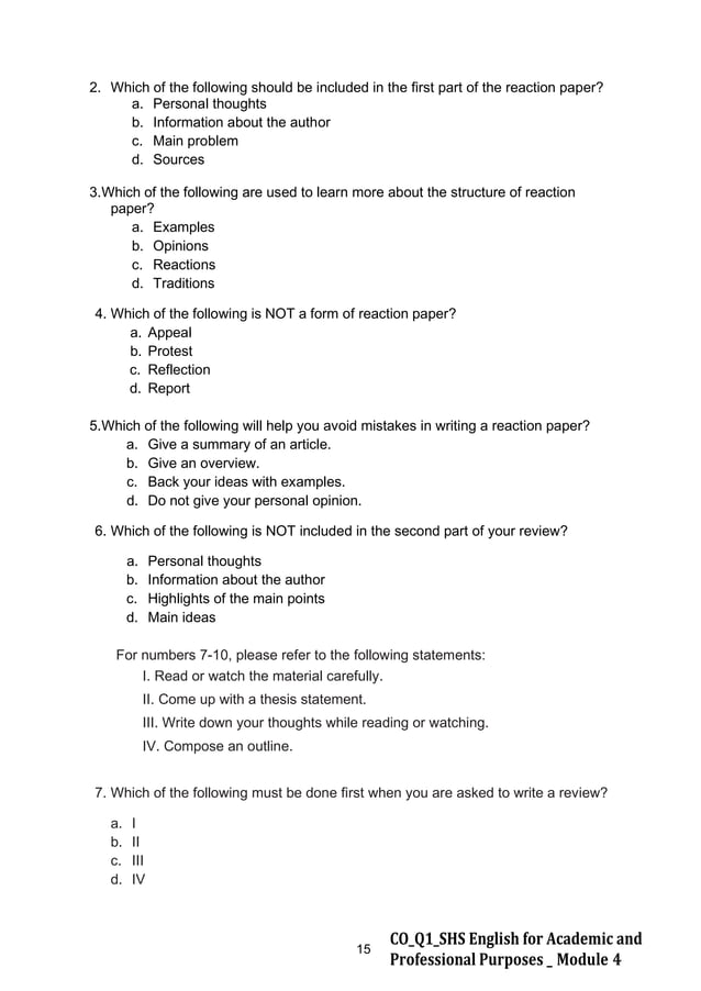 EAPP Q 1 – Module 4 Writing the Reaction Paper Review Critique.pdf ...