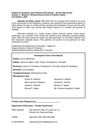 EAPP Q2 - M3_ Writing Various Kinds of Position Paper.pdf