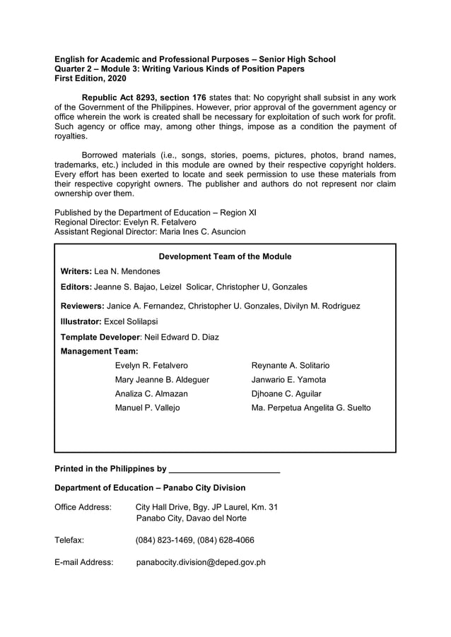 EAPP Q2 - M3_ Writing Various Kinds of Position Paper.pdf