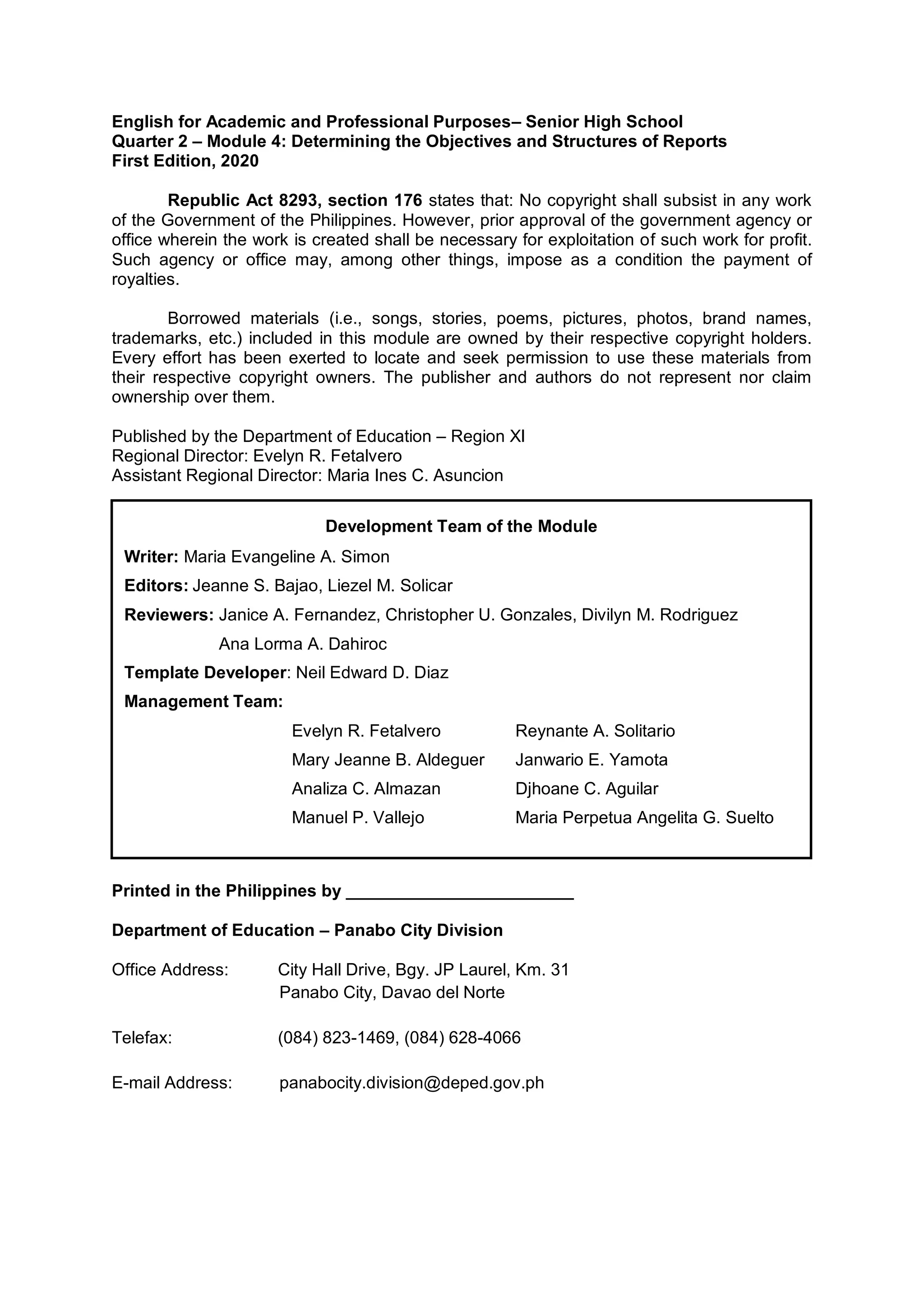 EAPP Q2 - M4_ Determining The Objectives and Structures of Reports.pdf