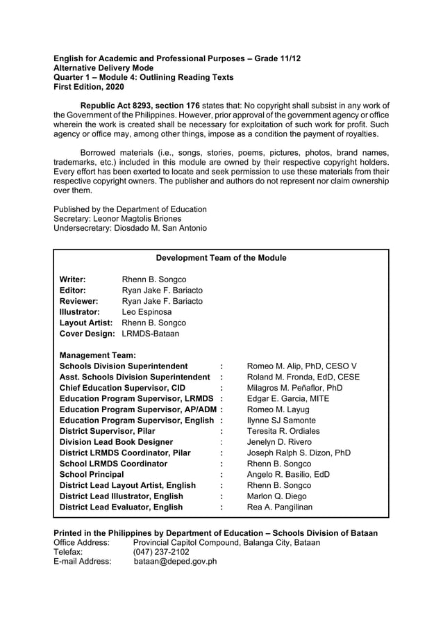 EAPP Quarter 1 – Module 4 Outlining Reading Texts.pdf | Educational ...