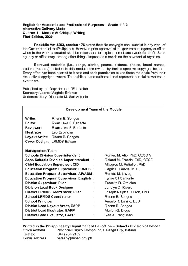 EAPP Quarter 1 – Module 5 Critique Writing.pdf | Homework and Study ...