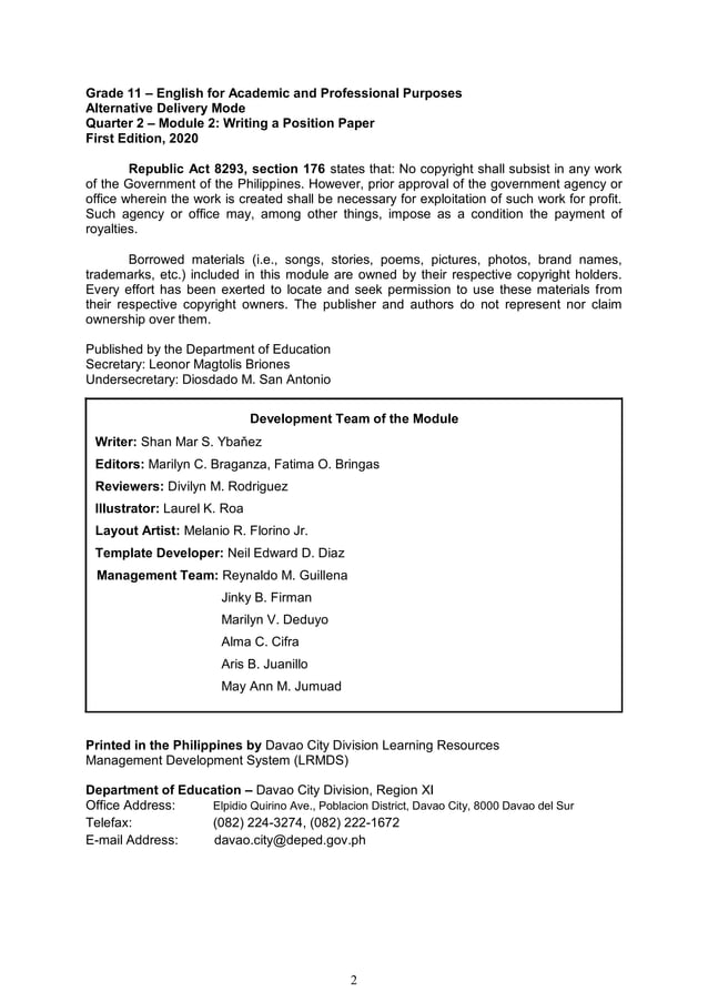 EAPP Quarter2 - Module2_ Writing a Position Paper.pdf