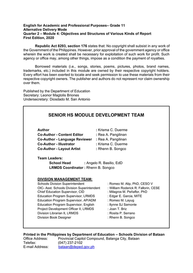 EAPP Quarter 2 – Module 4 Objectives and Structures of Various Kinds of ...