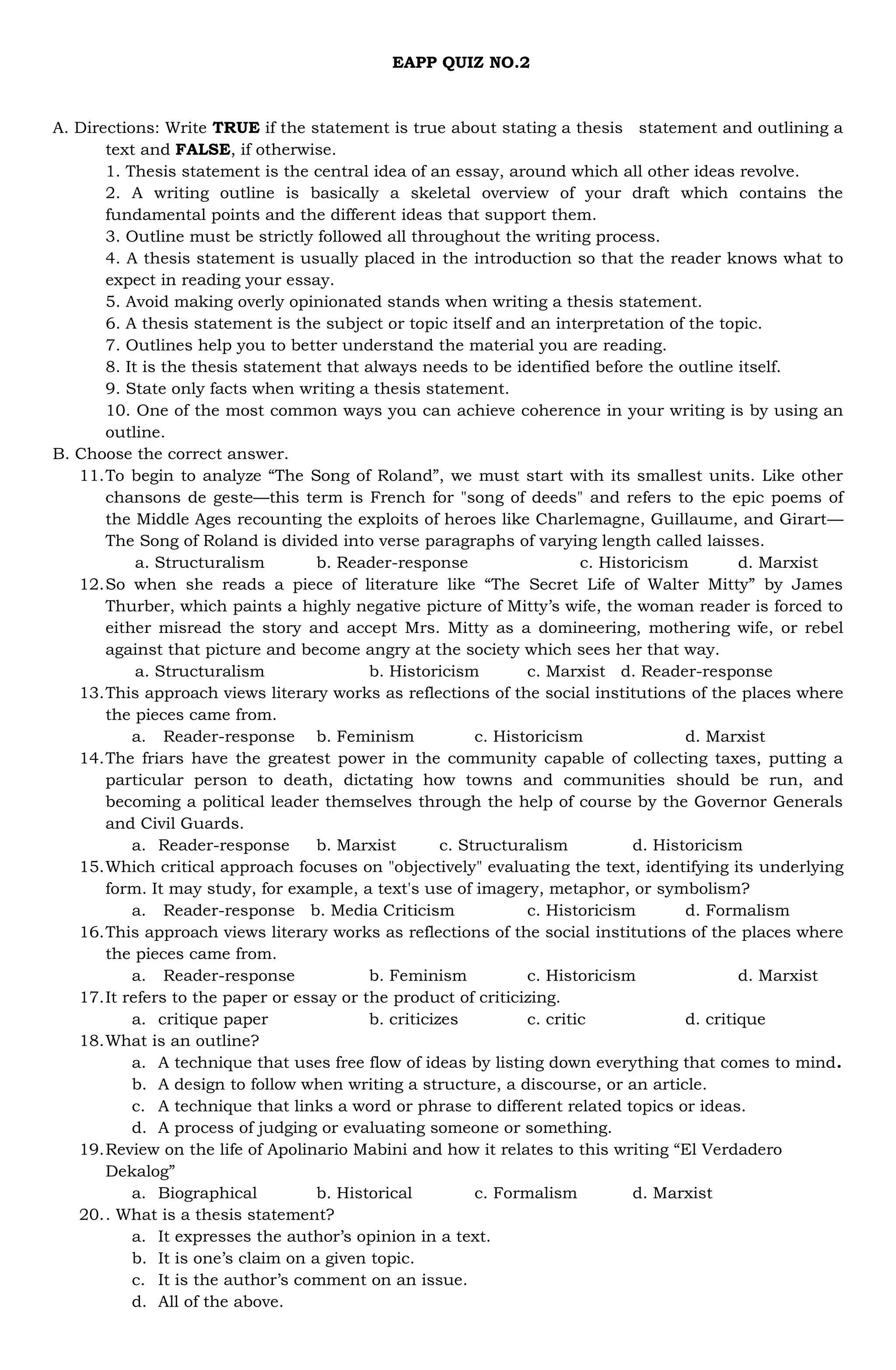 Quiz on EAPP with key to correction i hope it can help | DOCX