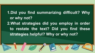 techniques in summarizing variety of academic text | PPTX