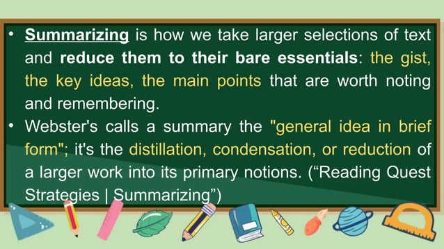 techniques in summarizing variety of academic text | PPTX