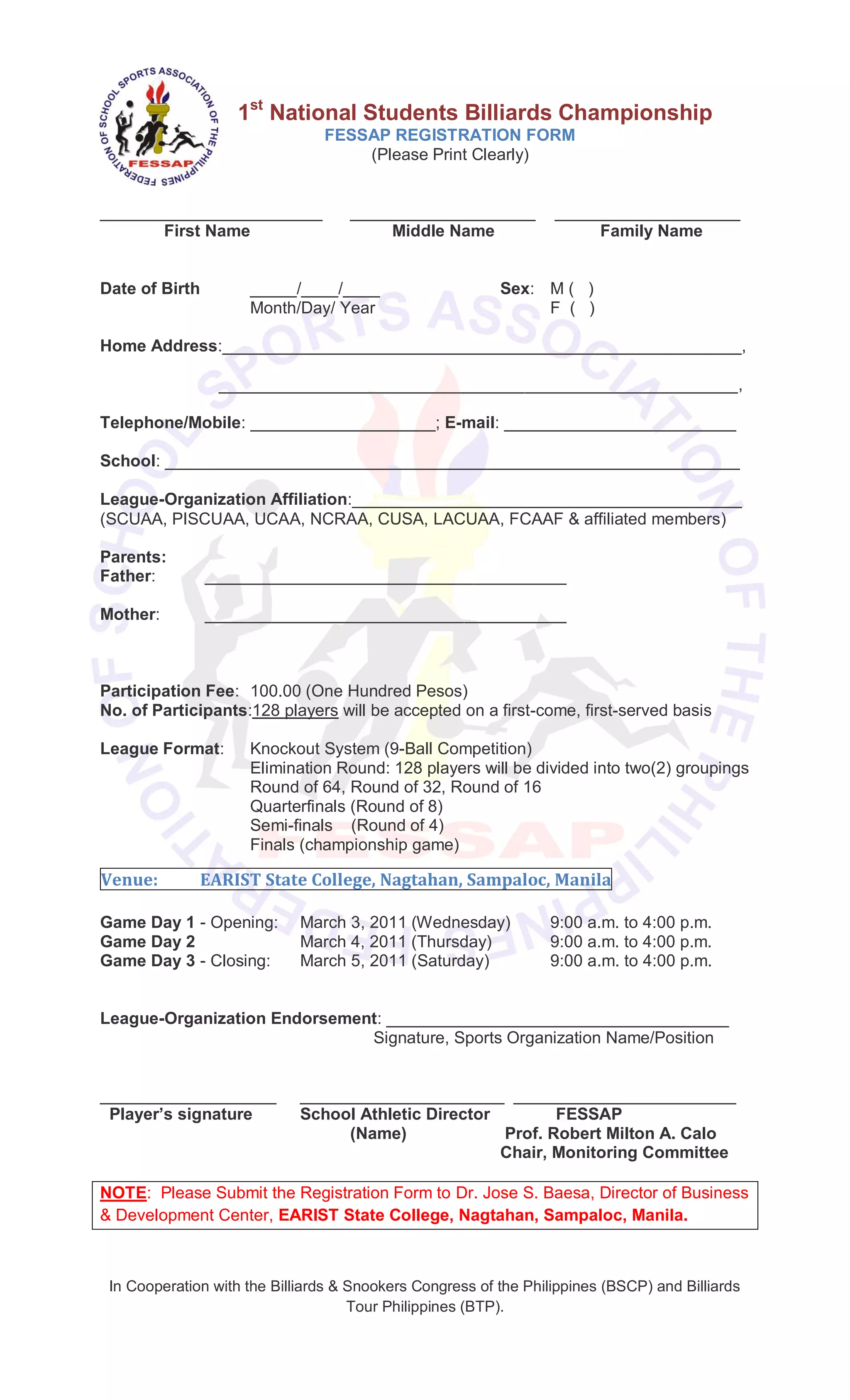 FESSAP Billiard Registration Form | PDF
