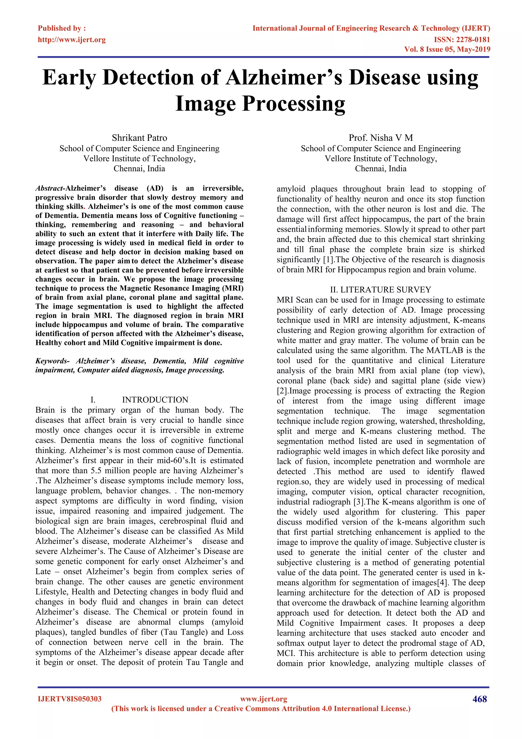 Early Detection Of Alzheimers Disease Using Image Processing Ijertv8 Is050303 Pdf
