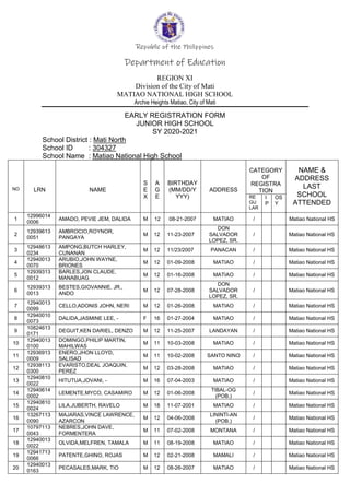Early registration form for Matiao National High School | PDF