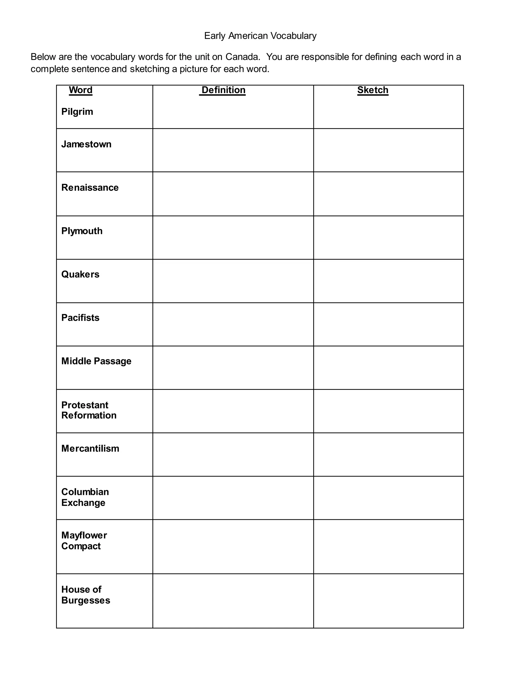 Early american vocabulary | DOCX